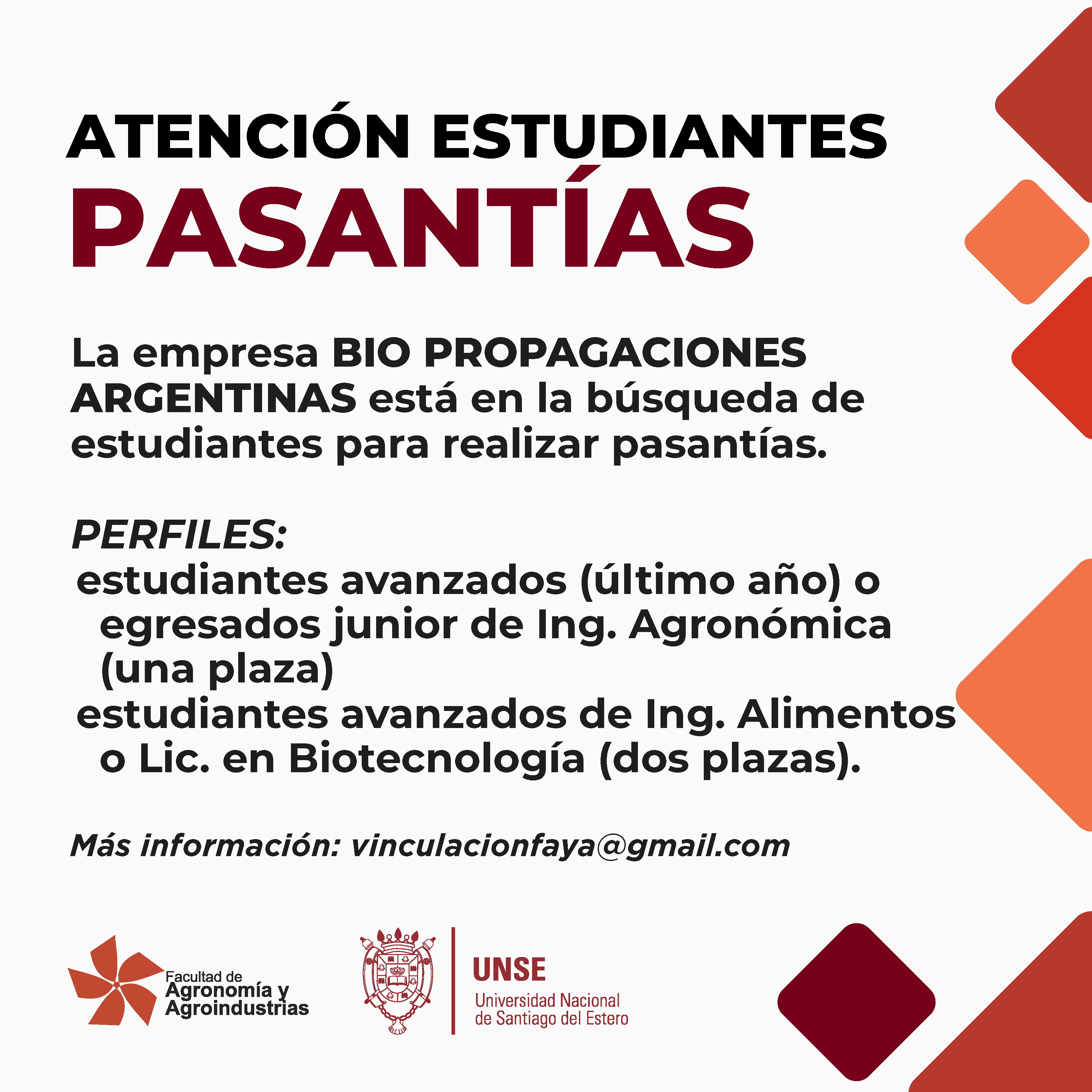 OFRECIMIENTO DE PASANTÍAS | Facultad de Agronomía y Agroindustrias UNSE ...