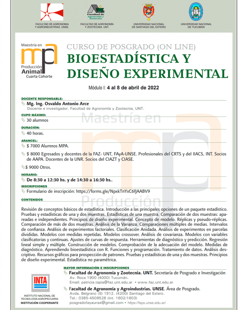 CURSO DE POSGRADO (ON LINE): BIOESTADÍSTICA Y DISEÑO EXPERIMENTAL ...